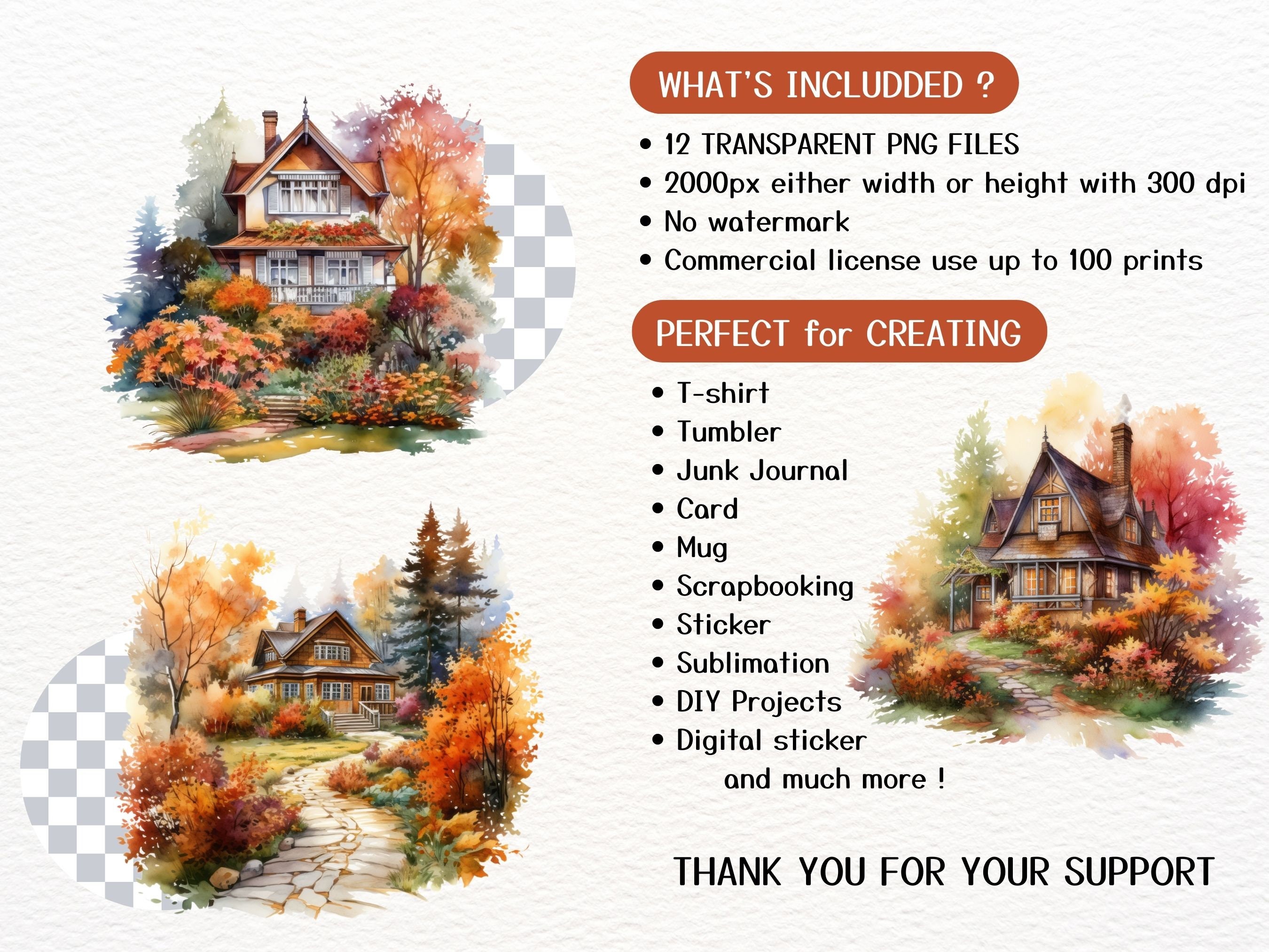 12 Fall Cottage Watercolor Clipart 2, Halloween Autumn Cottage House ...