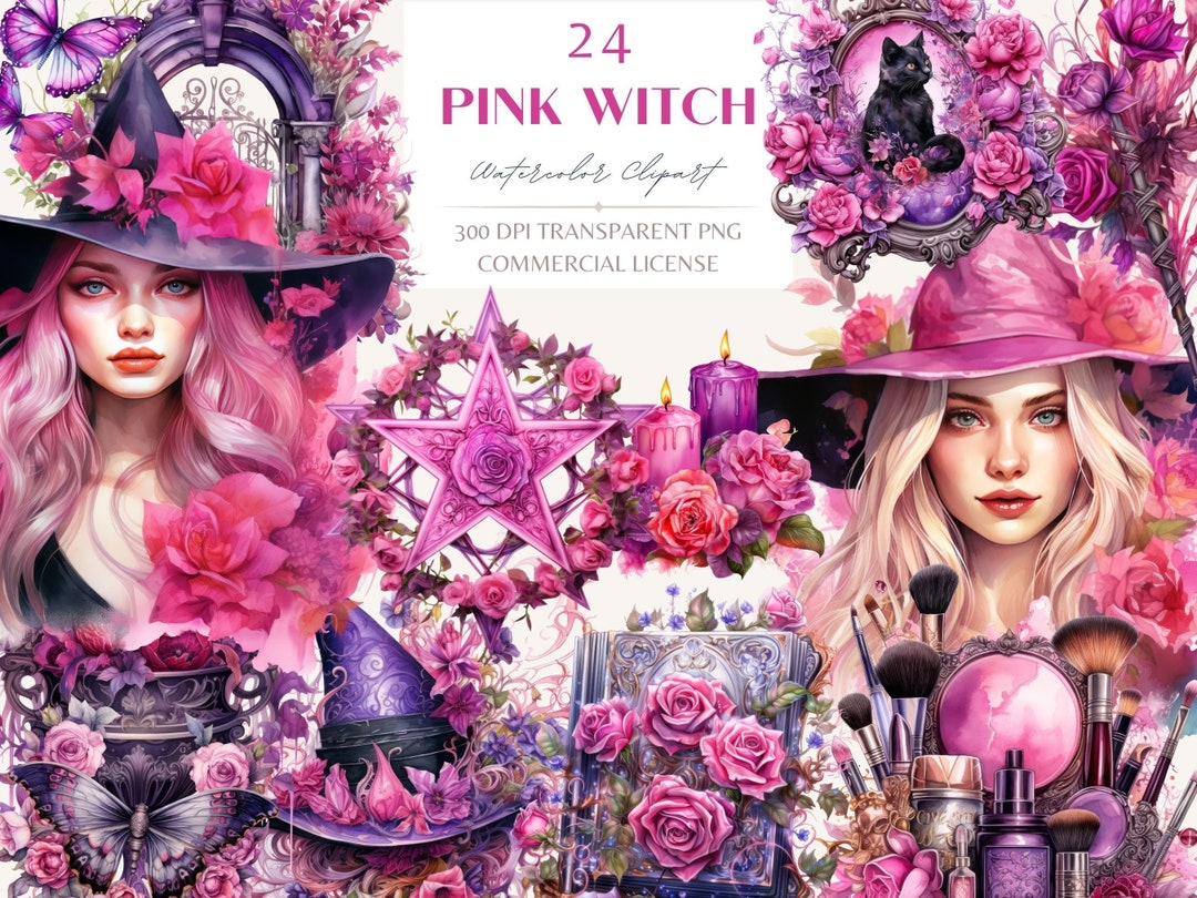 24 Pink Witch Watercolor Clipart, Hot Pink Doll, Spooky Halloween ...