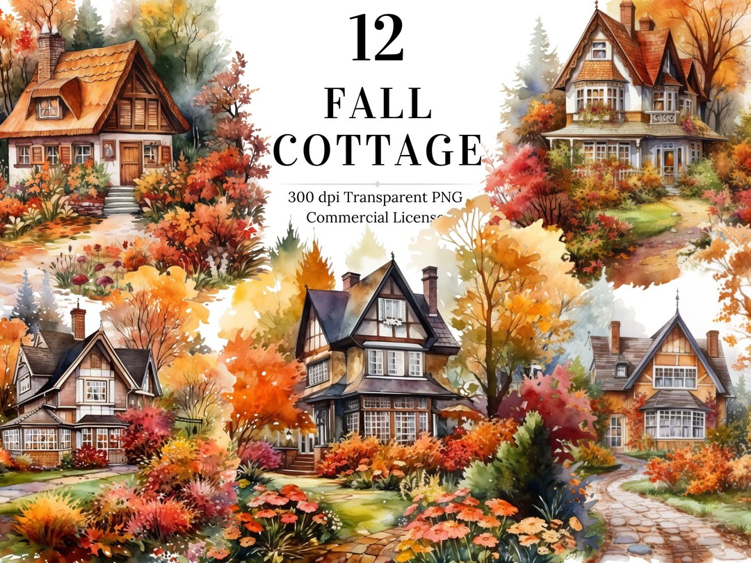 12 Fall Cottage Watercolor Clipart Halloween Autumn Cottage - Etsy
