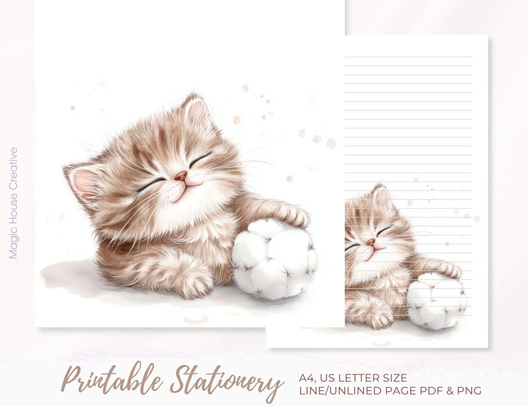 Cute Cat Printable Paper Note,watercolor Soft Brown Fluffy Cat Letter ...