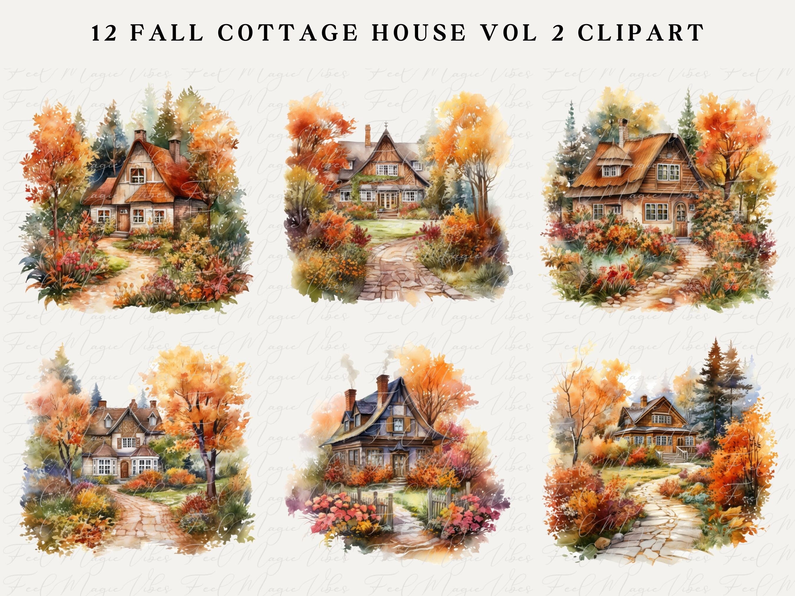 12 Fall Cottage Watercolor Clipart 2, Halloween Autumn Cottage House ...
