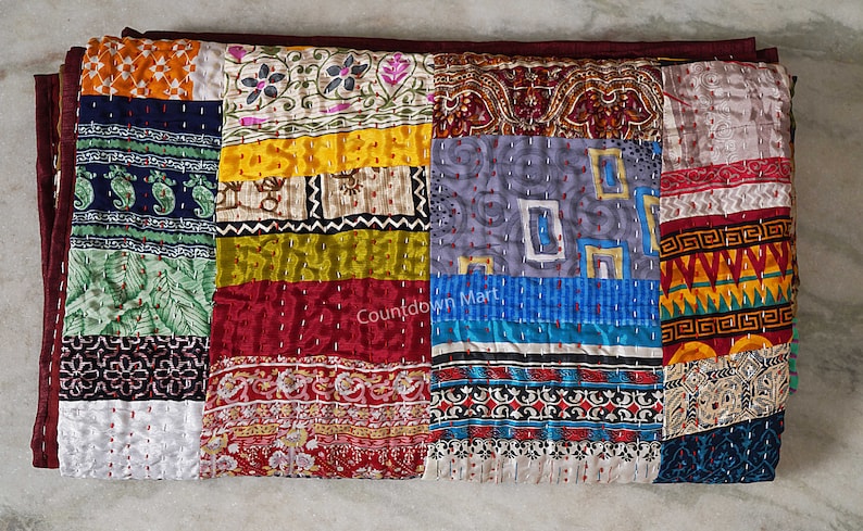 Handmade Silk Patchwork Kantha Quilt Indian Bohemian Bedding Bedspread ...