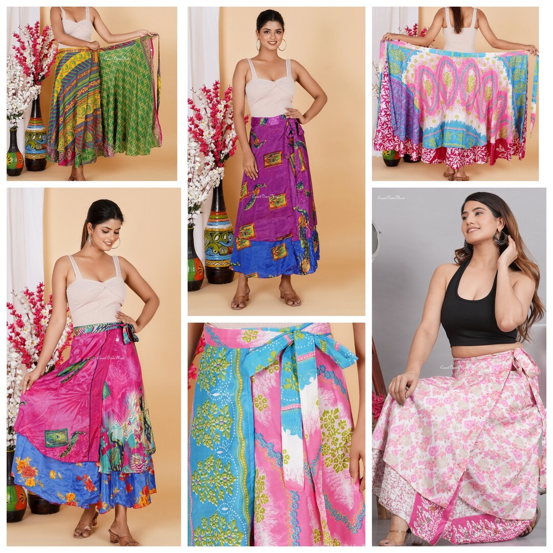 5 Pieces Indian Art Silk Sari Wrap Skirts For Women & Girls Bohemian ...