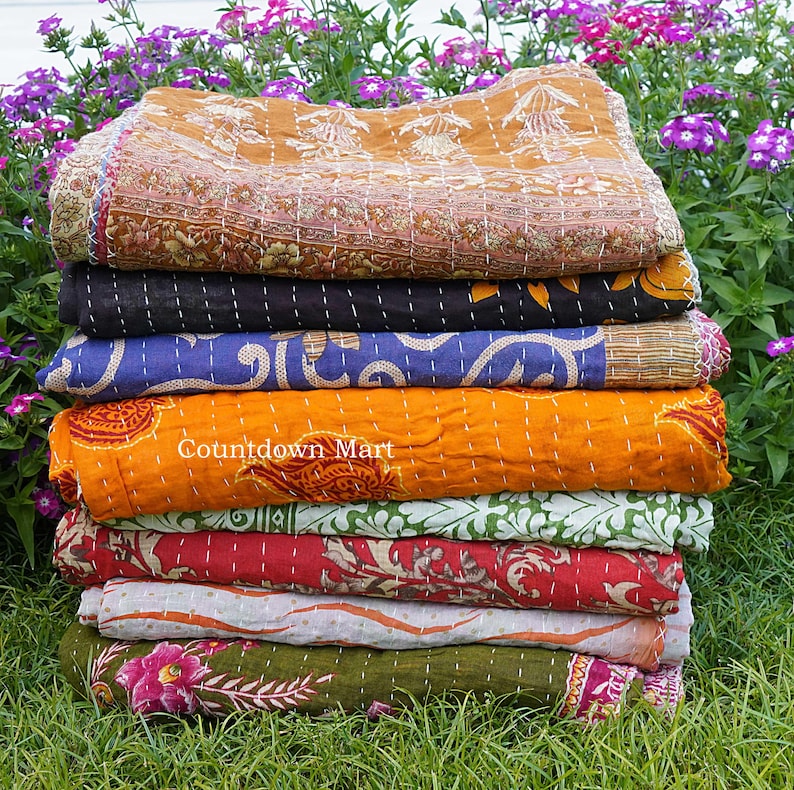 Bohemian Vintage Kantha Quilt Handmade Cotton Sari Fabric Twin Size ...