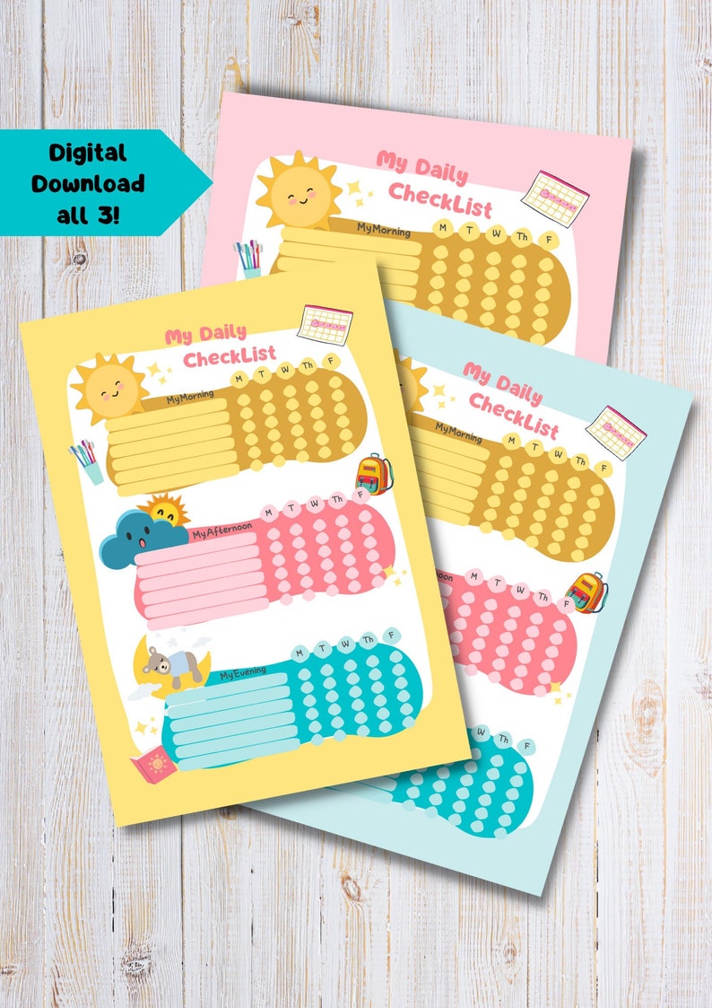 Kids Printable Daily Check List yellow Pink Blue 1 - Etsy