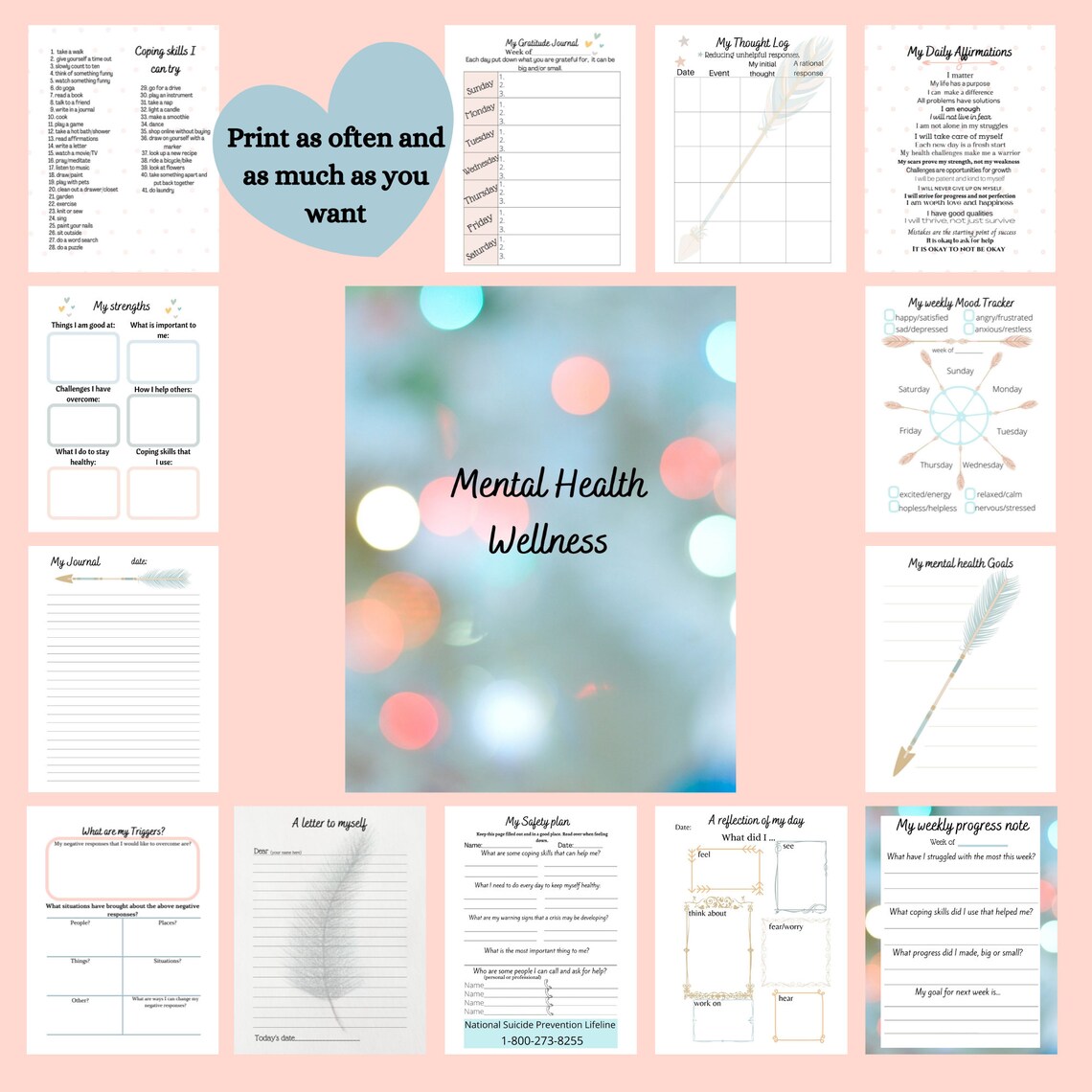 Mental Health Planner Goals Mood Tracker Wellness Journal Thought Log ...