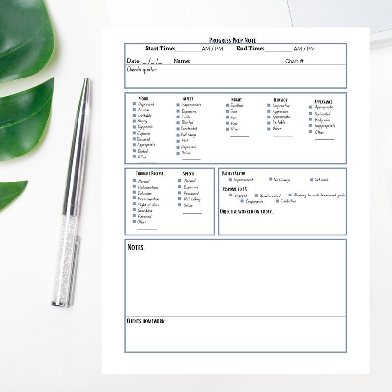 Clinicians Progress Prep Note Plus, Printable Psychotherapy Check List ...