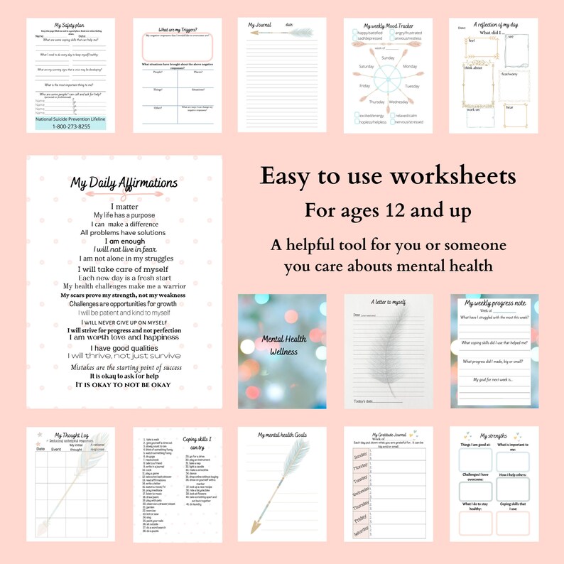 Mental Health Planner Goals Mood Tracker Wellness Journal Thought Log ...