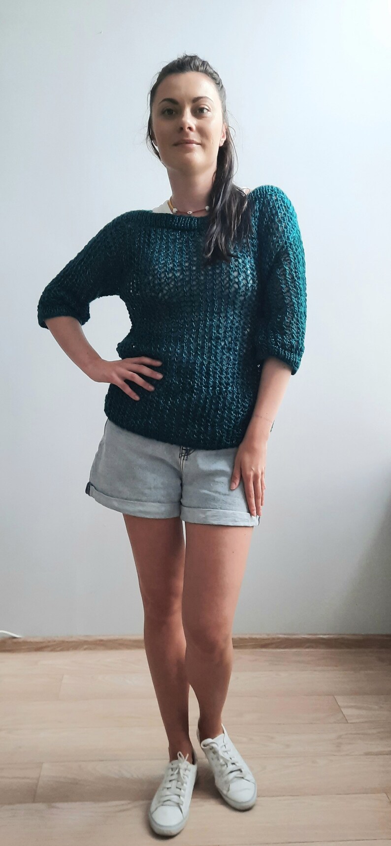 Emerald Green Sweater Knit Mesh Pattern. Knitted Mesh Pullover. Loose ...