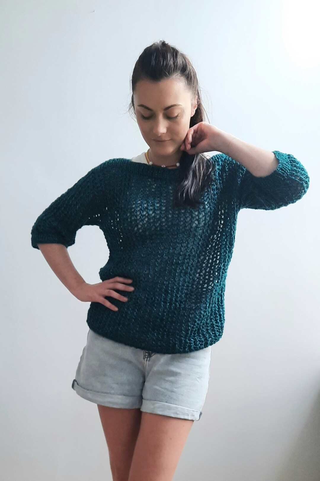 Emerald Green Sweater Knit Mesh Pattern. Knitted Mesh Pullover. Loose ...