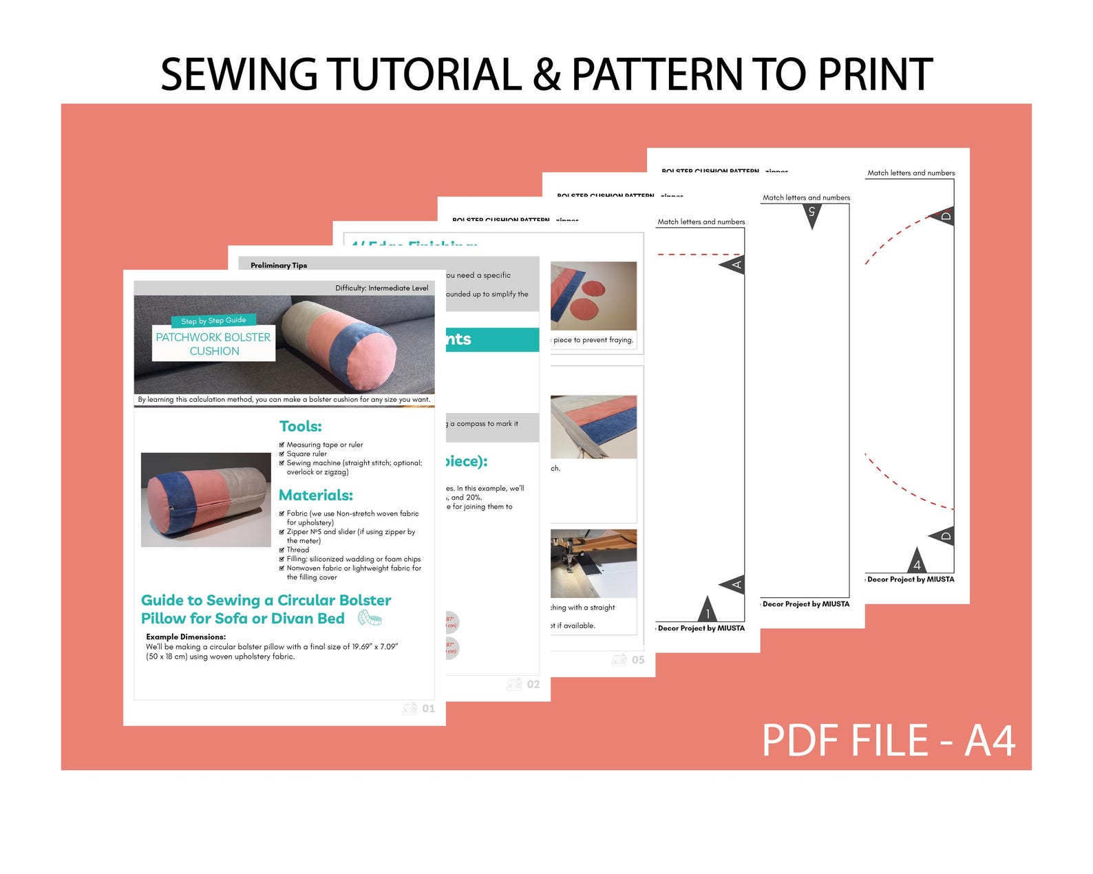 Bolster Pillow Case Sewing Pattern PDF – DIY Patchwork Pillow Cover ...
