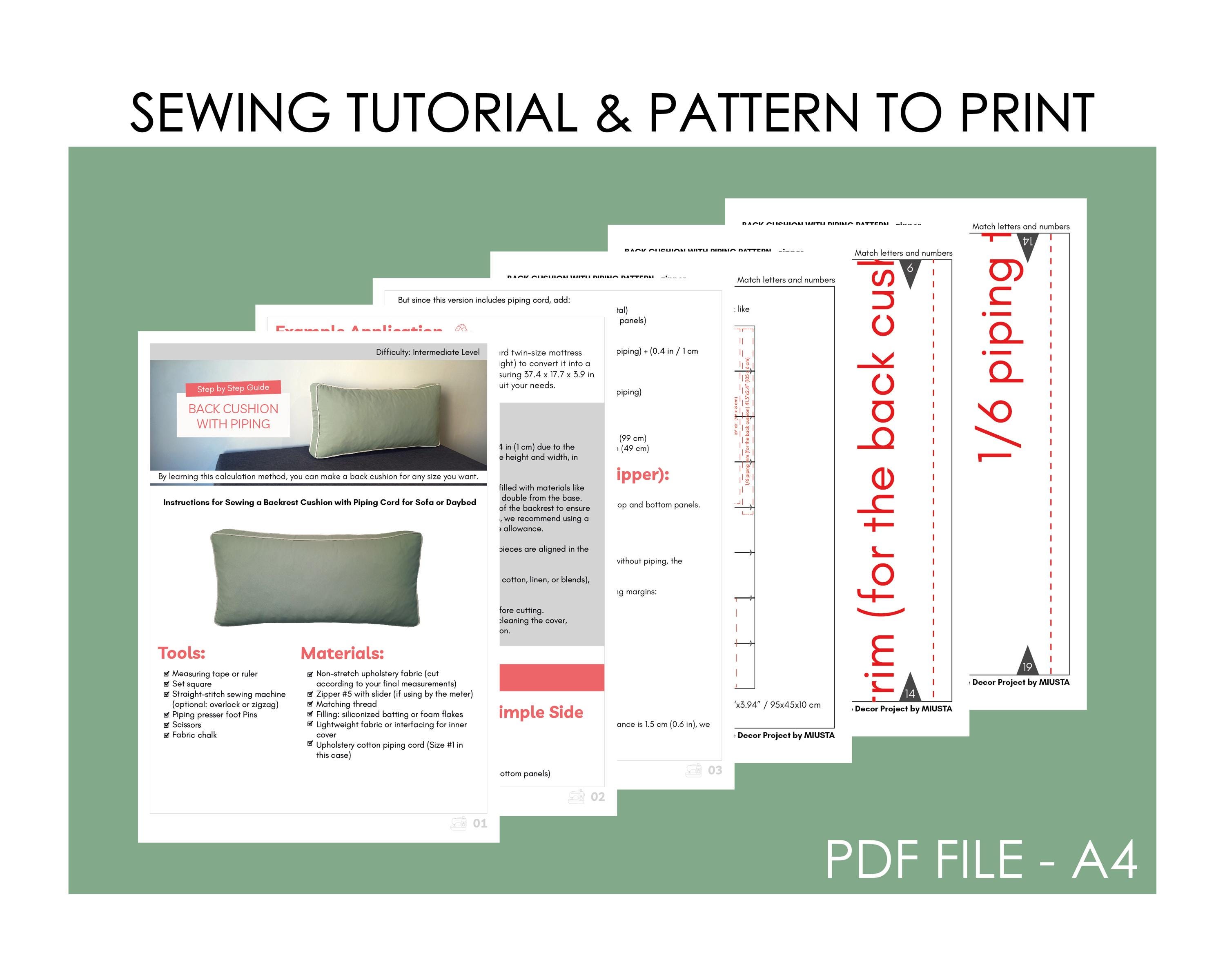 Backrest Cushion Sewing Pattern PDF | DIY Piped Pillow Cover Tutorial ...