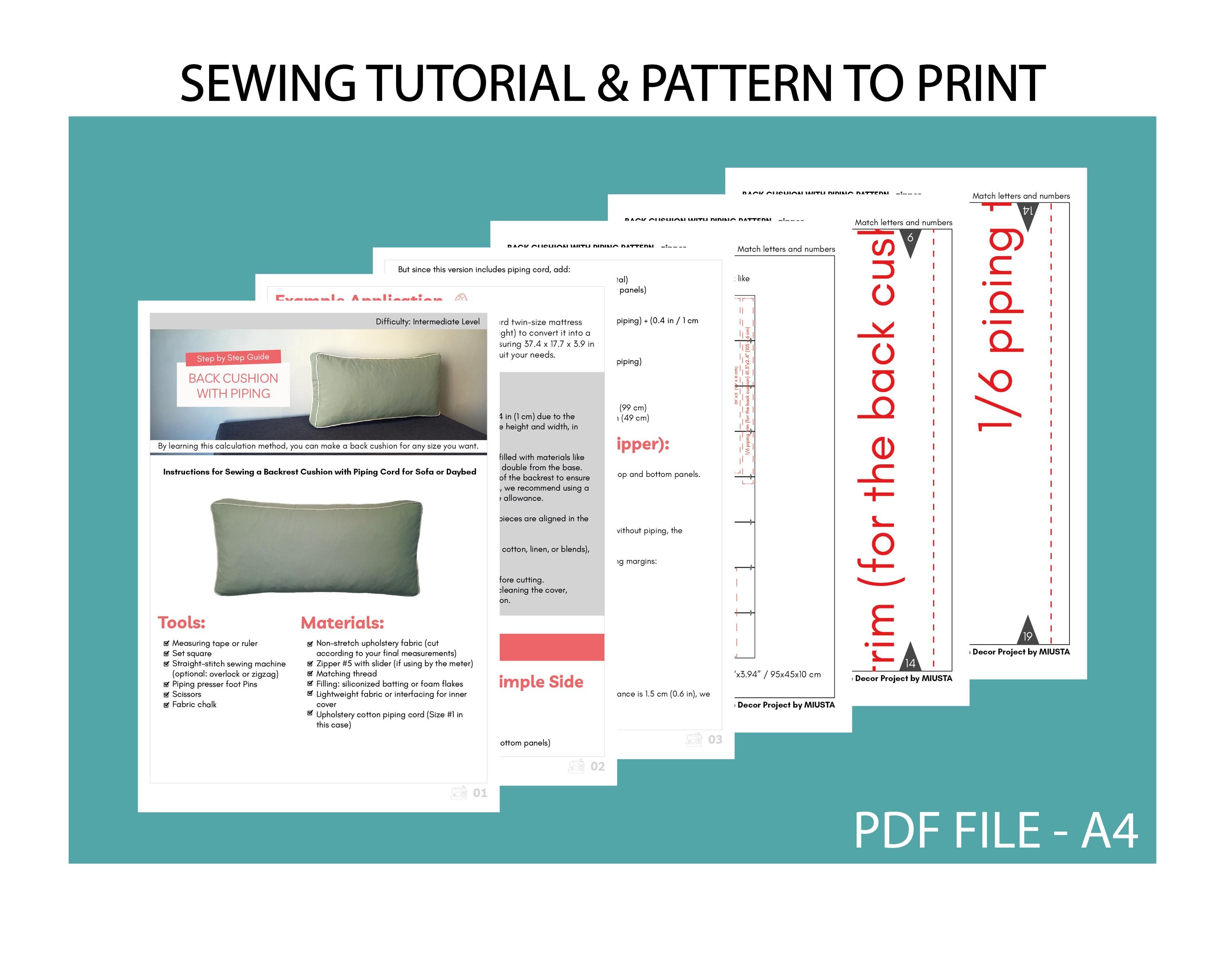 Backrest Cushion Sewing Pattern PDF | DIY Piped Pillow Cover Tutorial ...