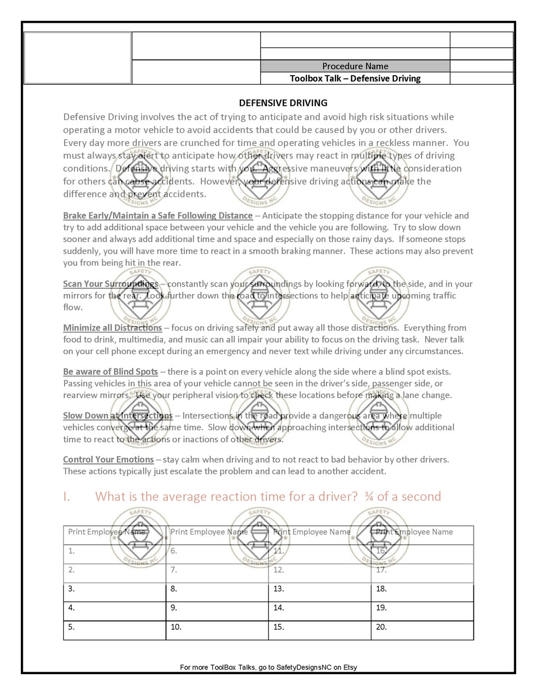 Toolbox Talks: Defensive Driving - Etsy