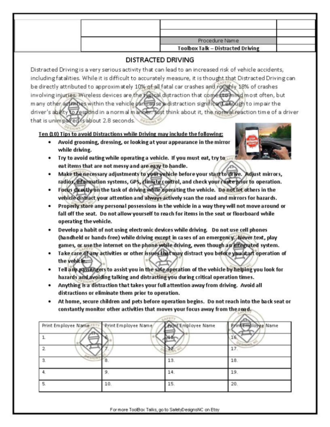 Toolbox Talks: Distracted Driving - Etsy