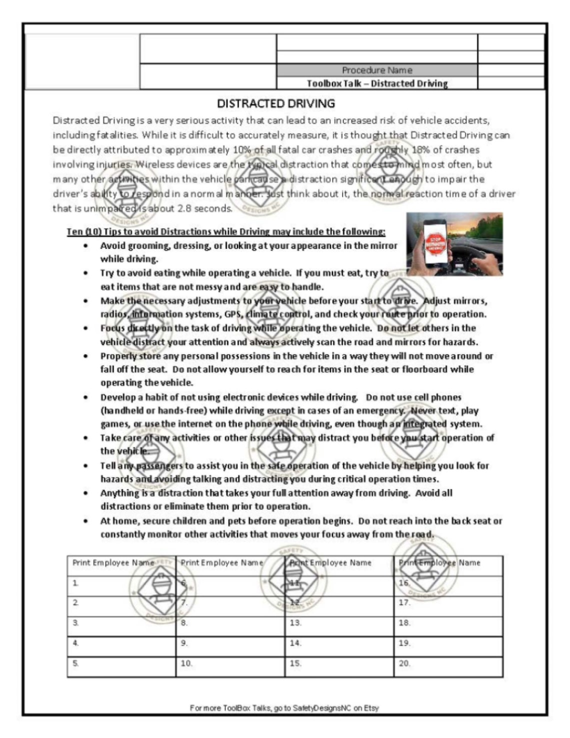 Toolbox Talks: Distracted Driving - Etsy