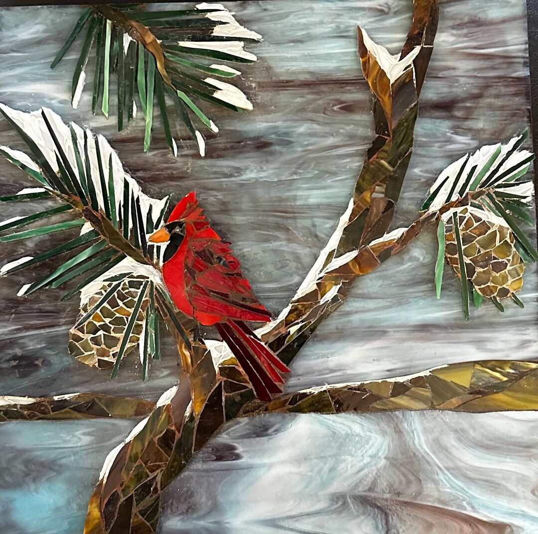 Winter Cardinal Stained Glass Mosaic: Layered Nature Art (12x12) - Etsy
