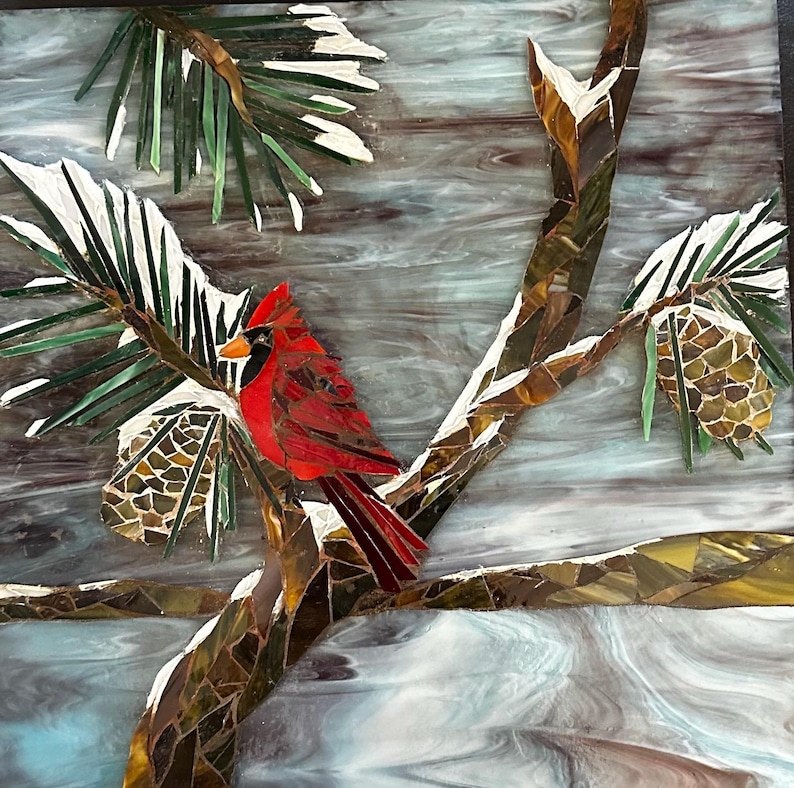 Winter Cardinal Stained Glass Mosaic: Layered Nature Art (12x12) - Etsy