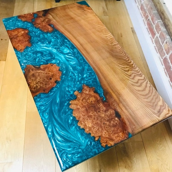 Teal Epoxy Resin / Pippy / Burr Elm / Coffee Table / | Etsy UK