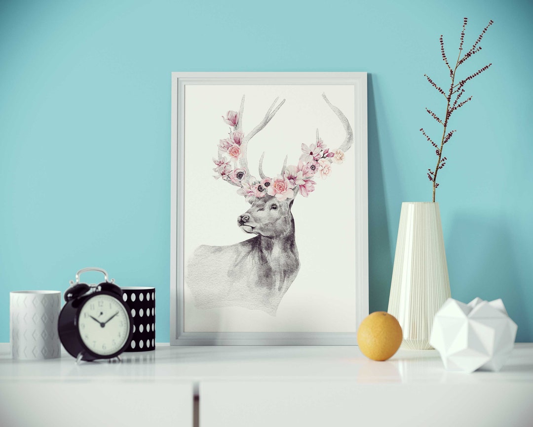 Poster Hirsch Mit Blumen Digital Version 1 - Etsy