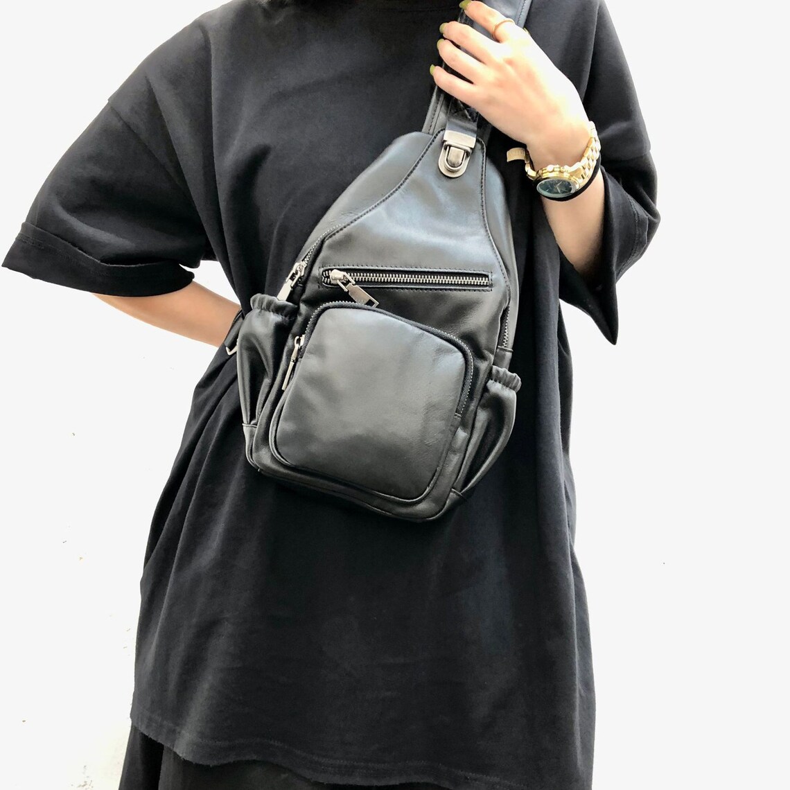 Black Leather Sling Bag Women, Handmade Sling Backpack Festival Gift ...