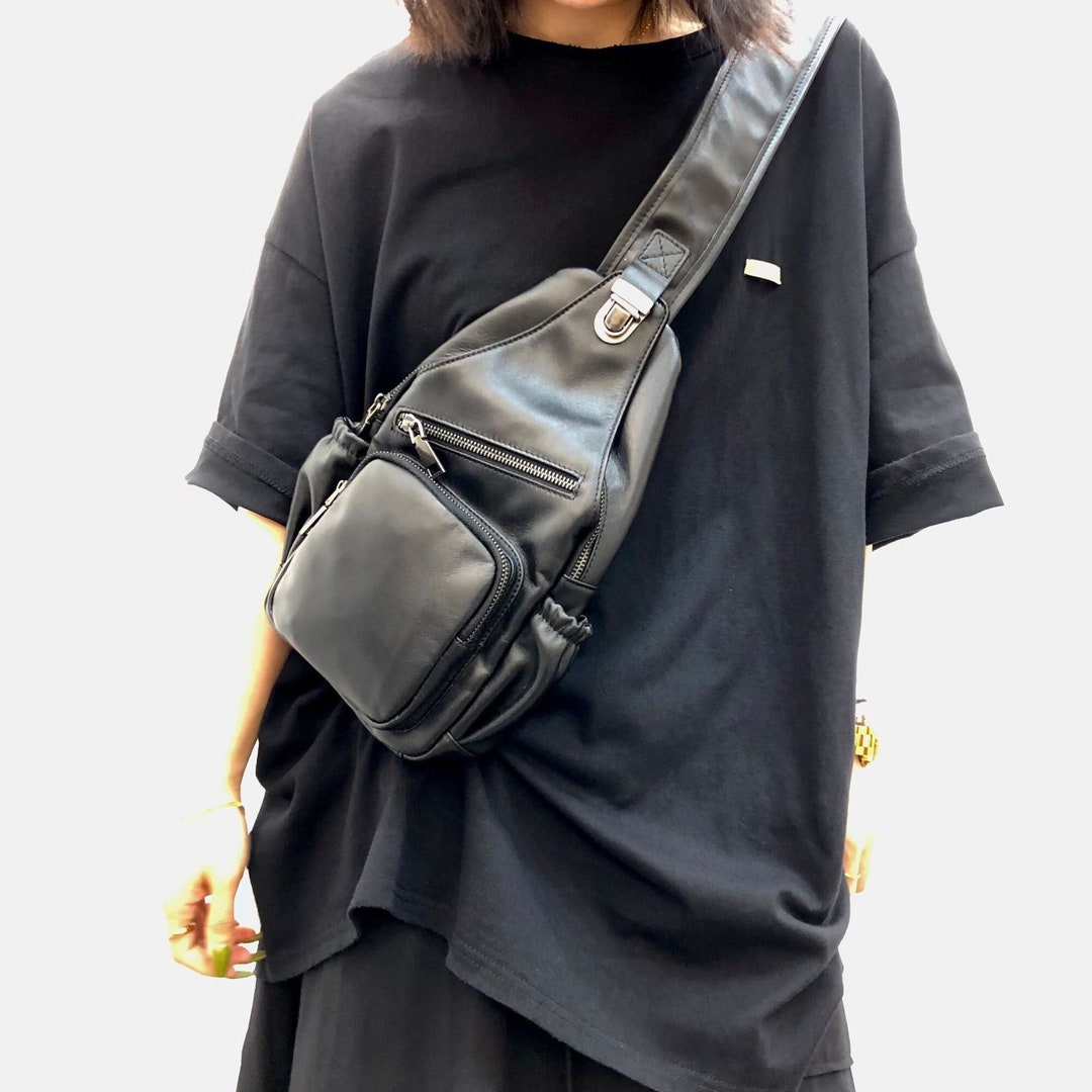 Black Leather Sling Bag Women, Handmade Sling Backpack Festival Gift ...