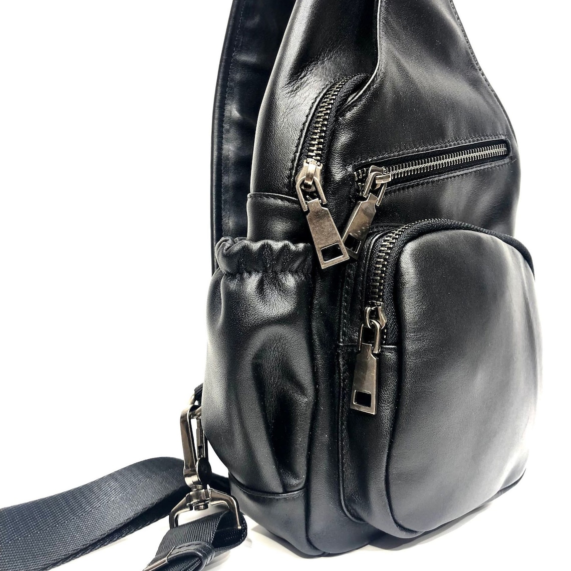 Black Leather Sling Bag Women, Handmade Sling Backpack Festival Gift ...