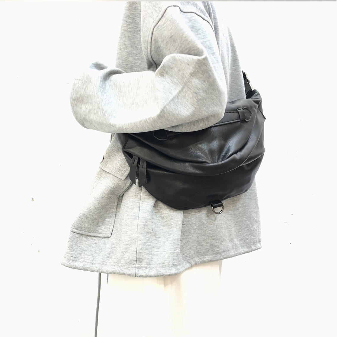 Black Leather Sling Backpack for Women Large Crossbody Sling - Etsy
