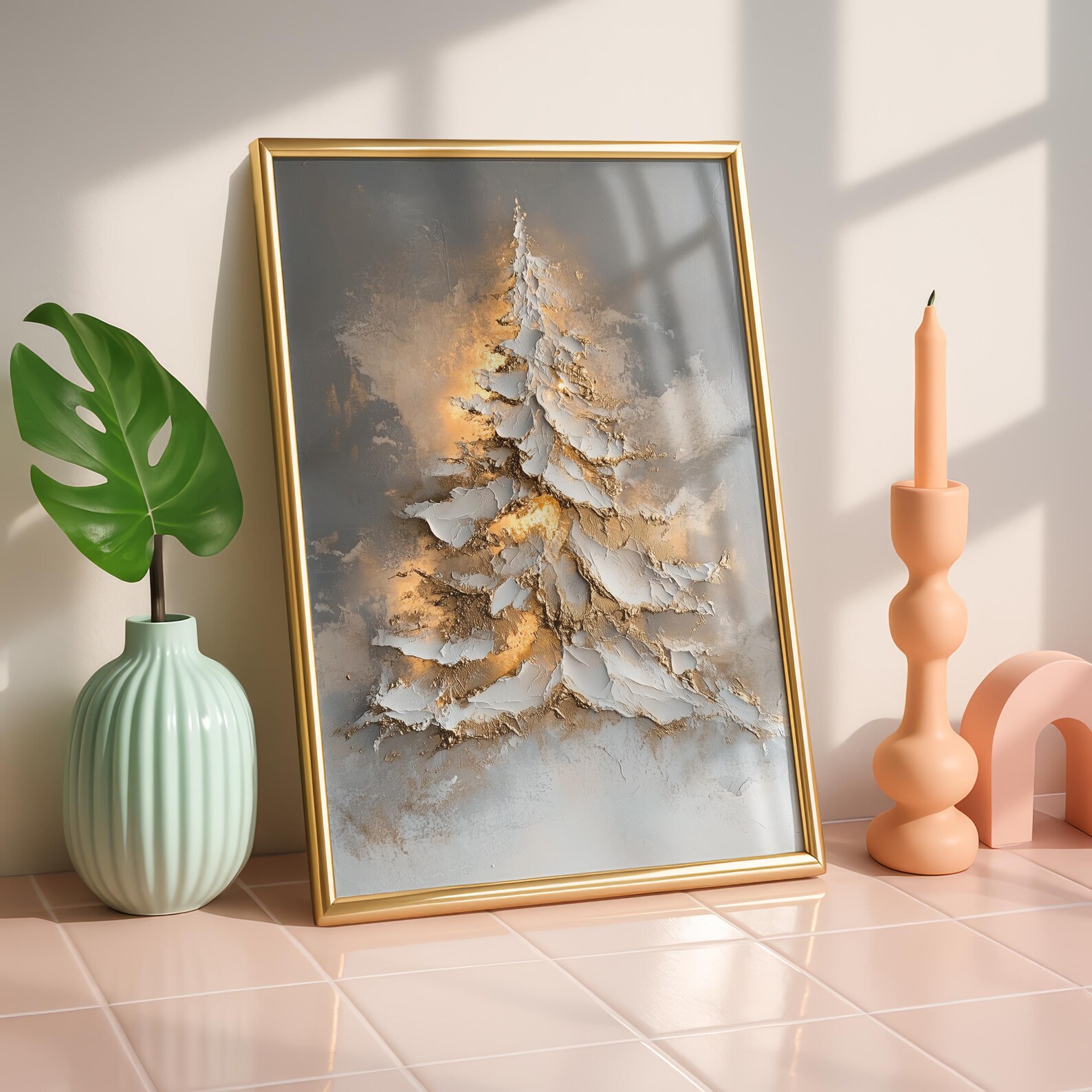 Festive Sculptural Christmas Tree Painting - Elegant Abstract Holiday ...