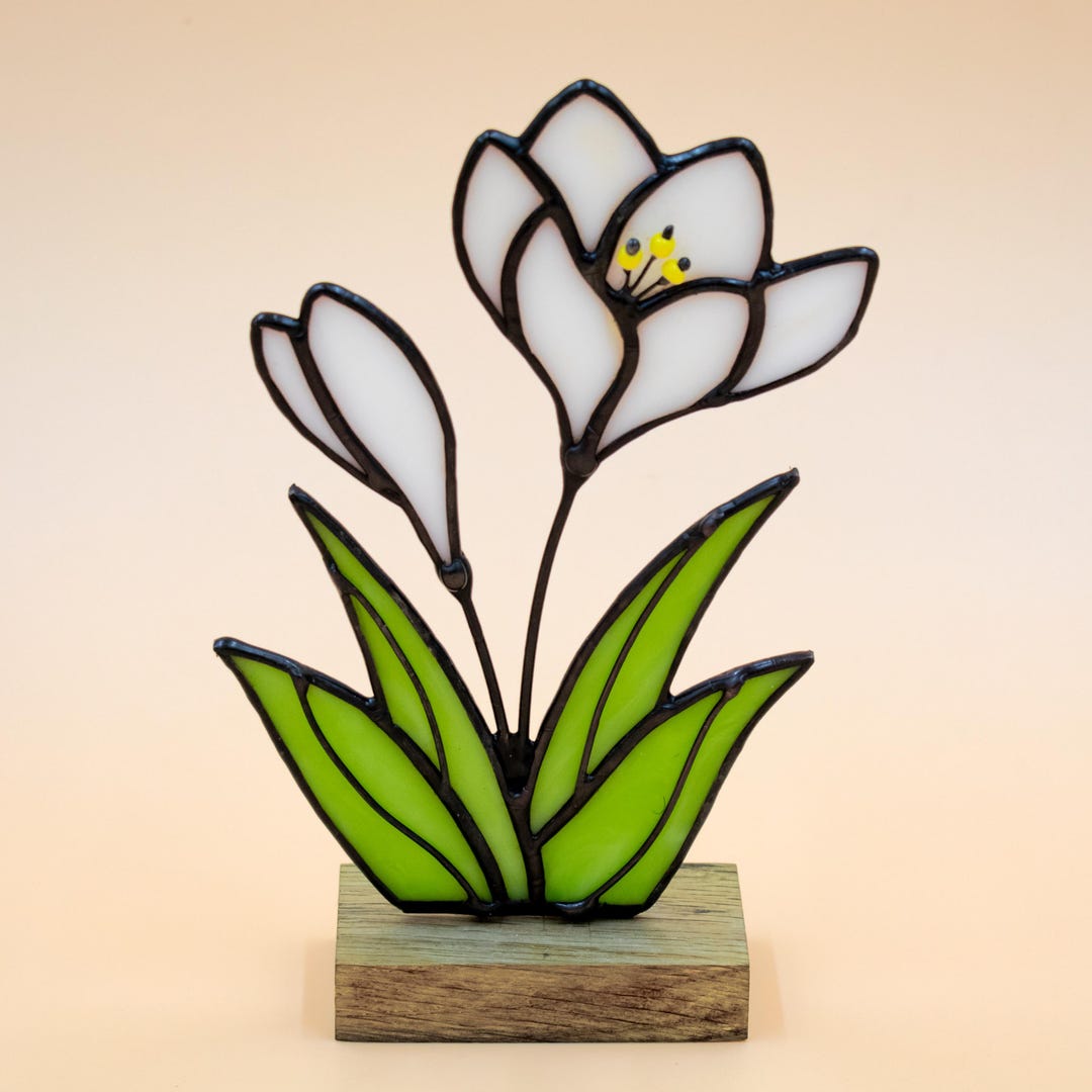 Small Stained Glass Suncatcher Plant Crocus Flower on a Wooden Stand - Etsy