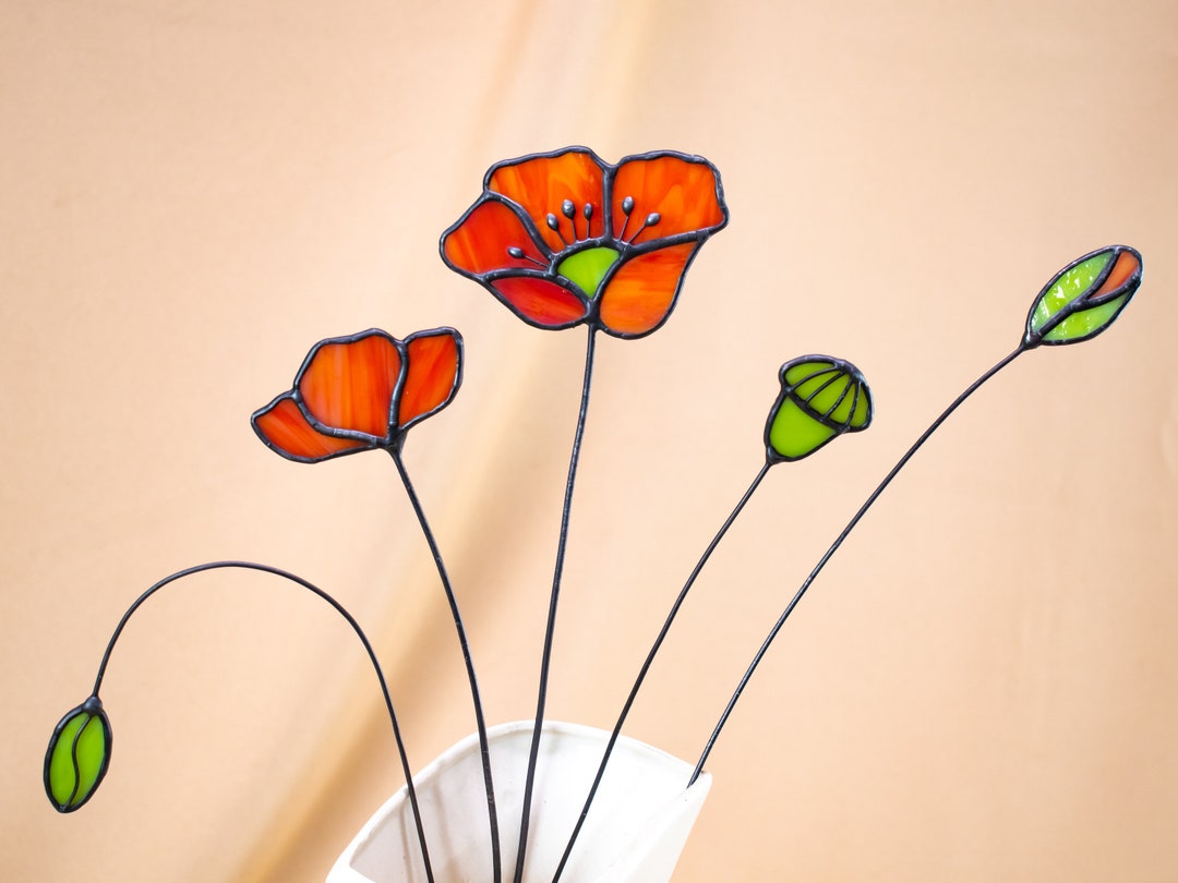 Stained Glass Flower Bouquet Poppy on Stem, Window Hangings - Etsy