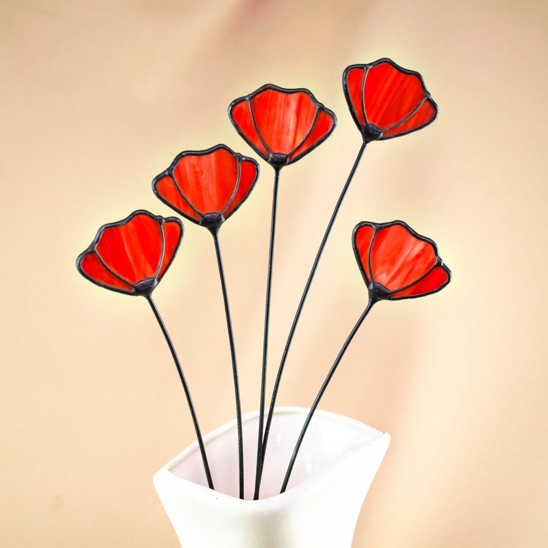 Stained Glass Red Flower on a Stem - Single Branch - Etsy