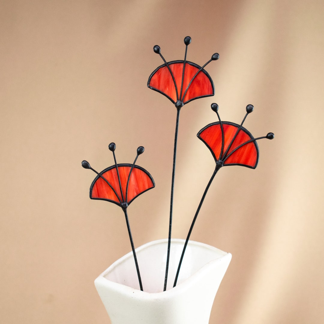 Stained Glass Red Flower on a Stem - Single Branch - Etsy