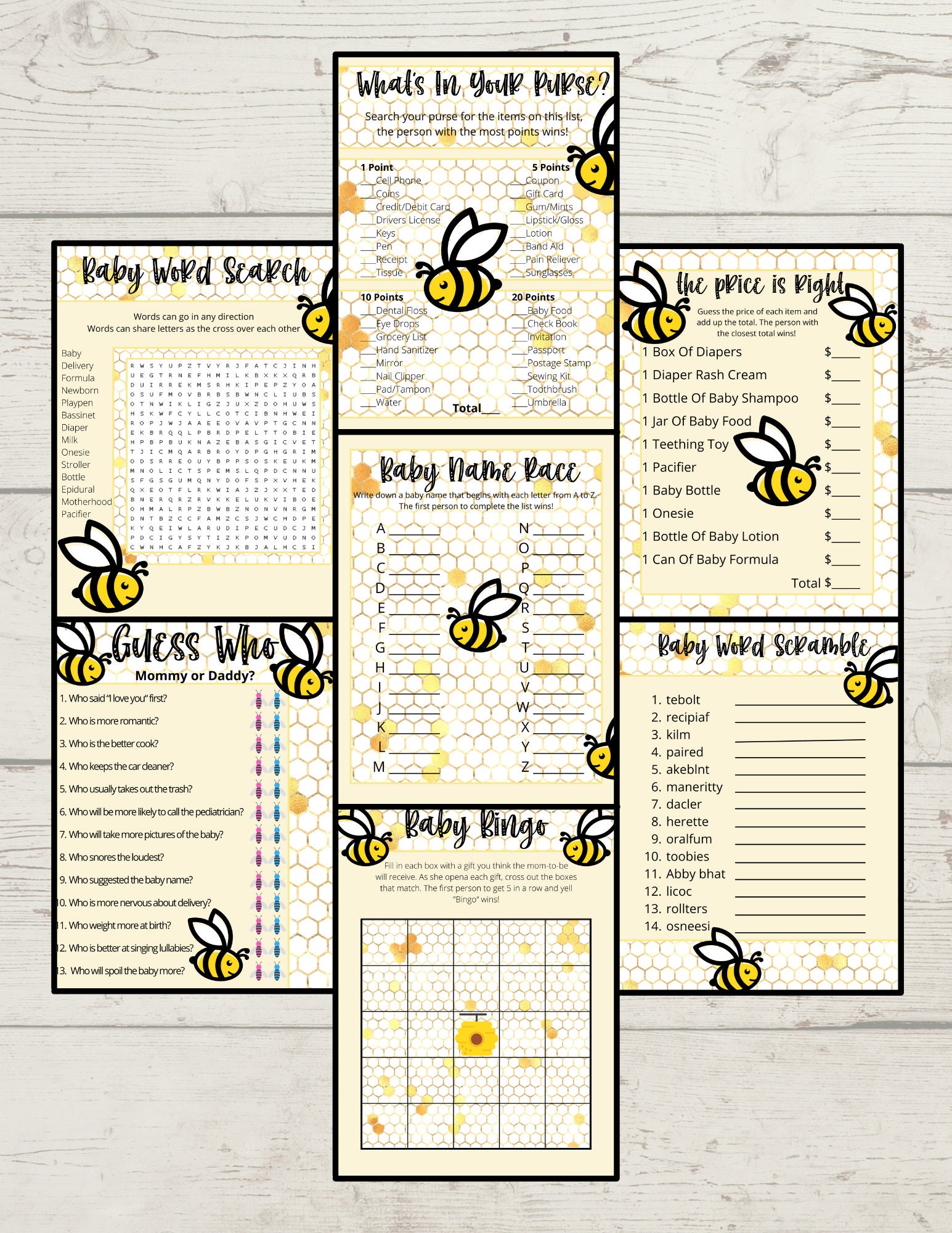 Baby Shower Games Honey Bee Honey Comb Yellow and Gold Baby - Etsy