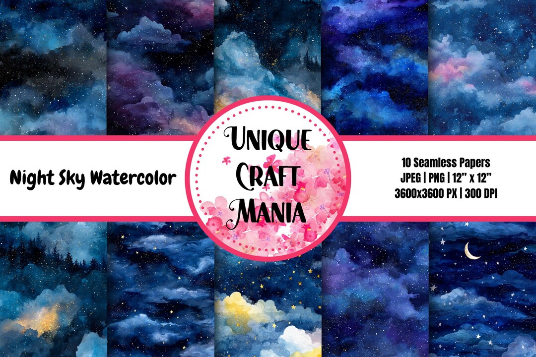 Night Sky Watercolor Digital Papers, Night Sky, Starry Sky, Watercolor ...