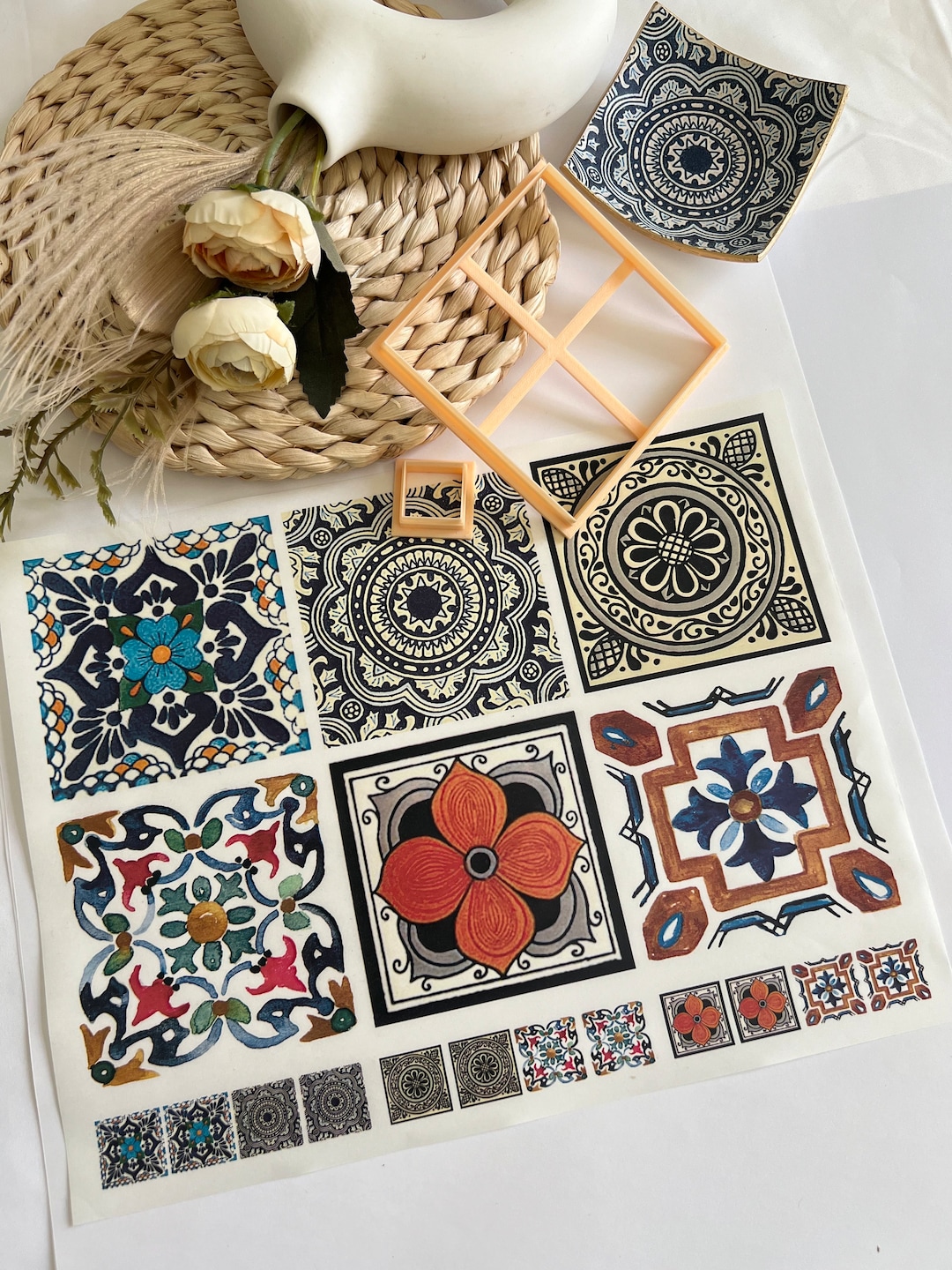 Big Tile Clay Transfer Sheets , Mediterranenan, for Square Trinket Dish ...