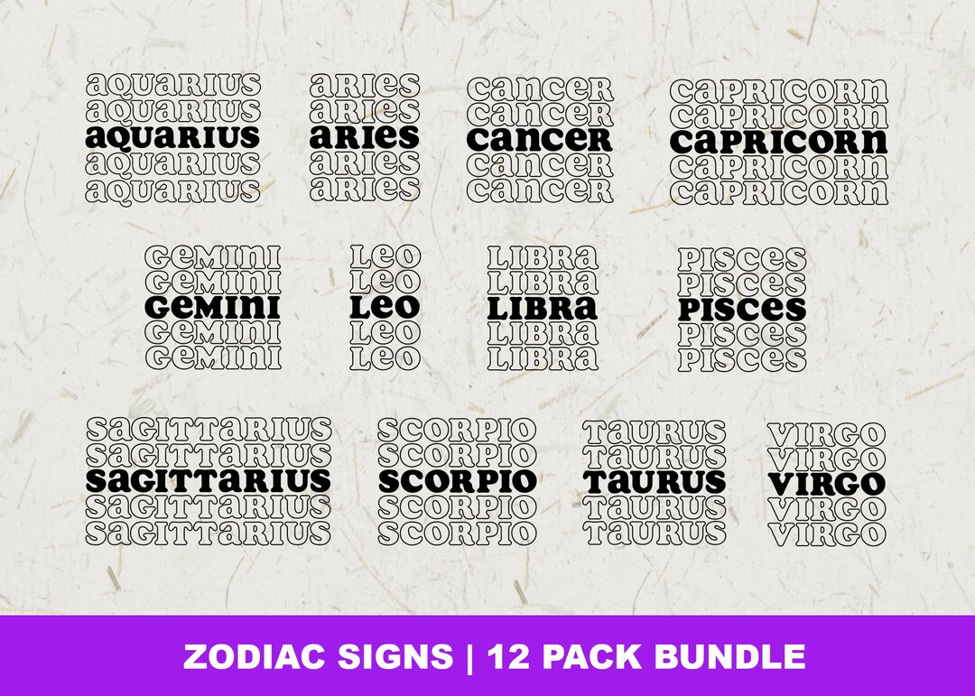 Zodiac Sign SVG Bundle, Zodiac Word Svg, Horoscope Svg, Star Sign Names ...