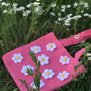 Handmade Daisy Crochet Tote Bag: Pink Cotton Floral Shoulder Bag - Etsy