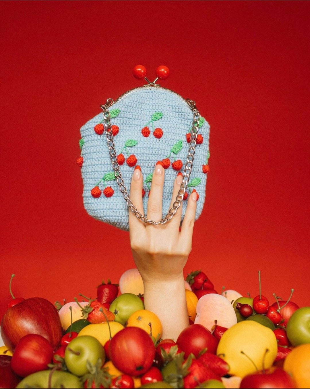 Crochet Cherry Handbag: Handmade Cotton Shoulder Clutch - Etsy