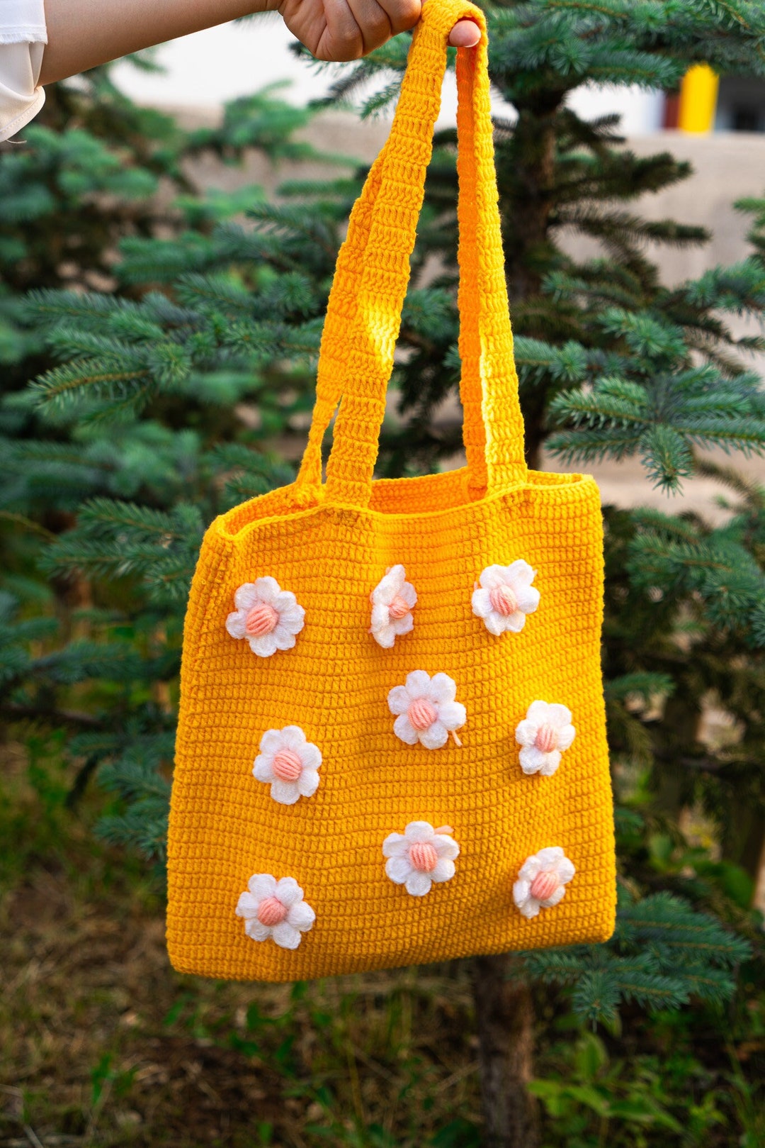 Daisy Crochet Tote Bag: Handmade Yellow Cotton Floral Purse - Etsy