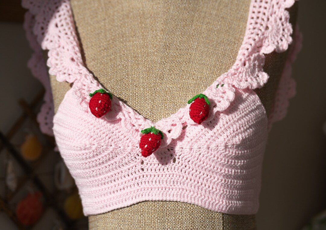 Strawberry Crochet Top Crop, Pink Summer Blouse Handmade Unique Crochet ...