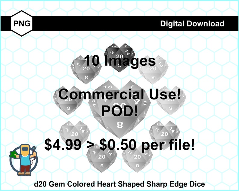 3D Gem Colored Heart Shaped Sharp Edged D20 Dice Digital Clip Art Set ...
