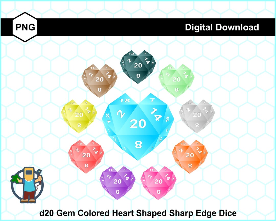 3D Gem Colored Heart Shaped Sharp Edged D20 Dice Digital Clip Art Set ...