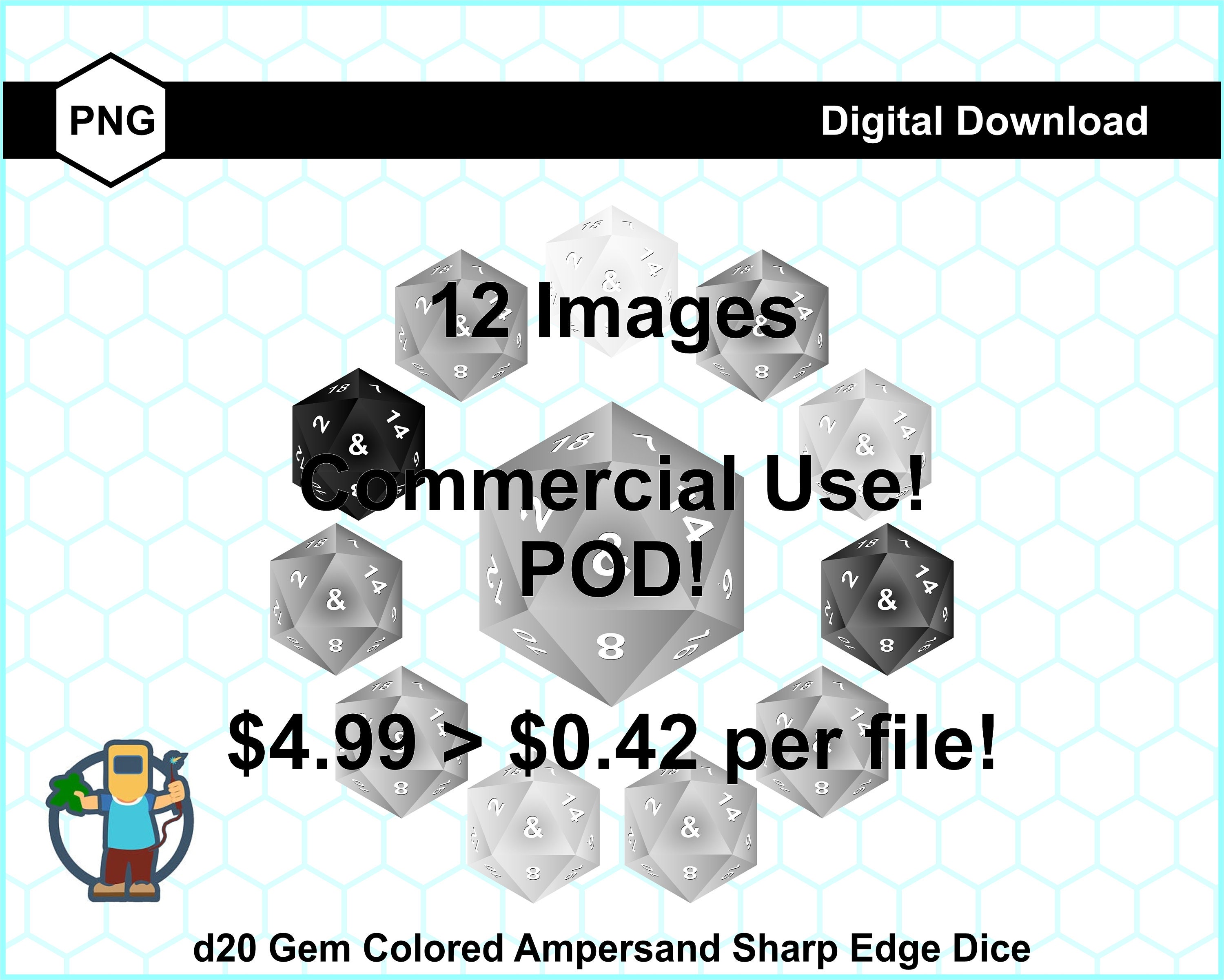 3D Gem Colored Ampersand Sharp Edged D20 Dice Clip Art Set of 12 ...