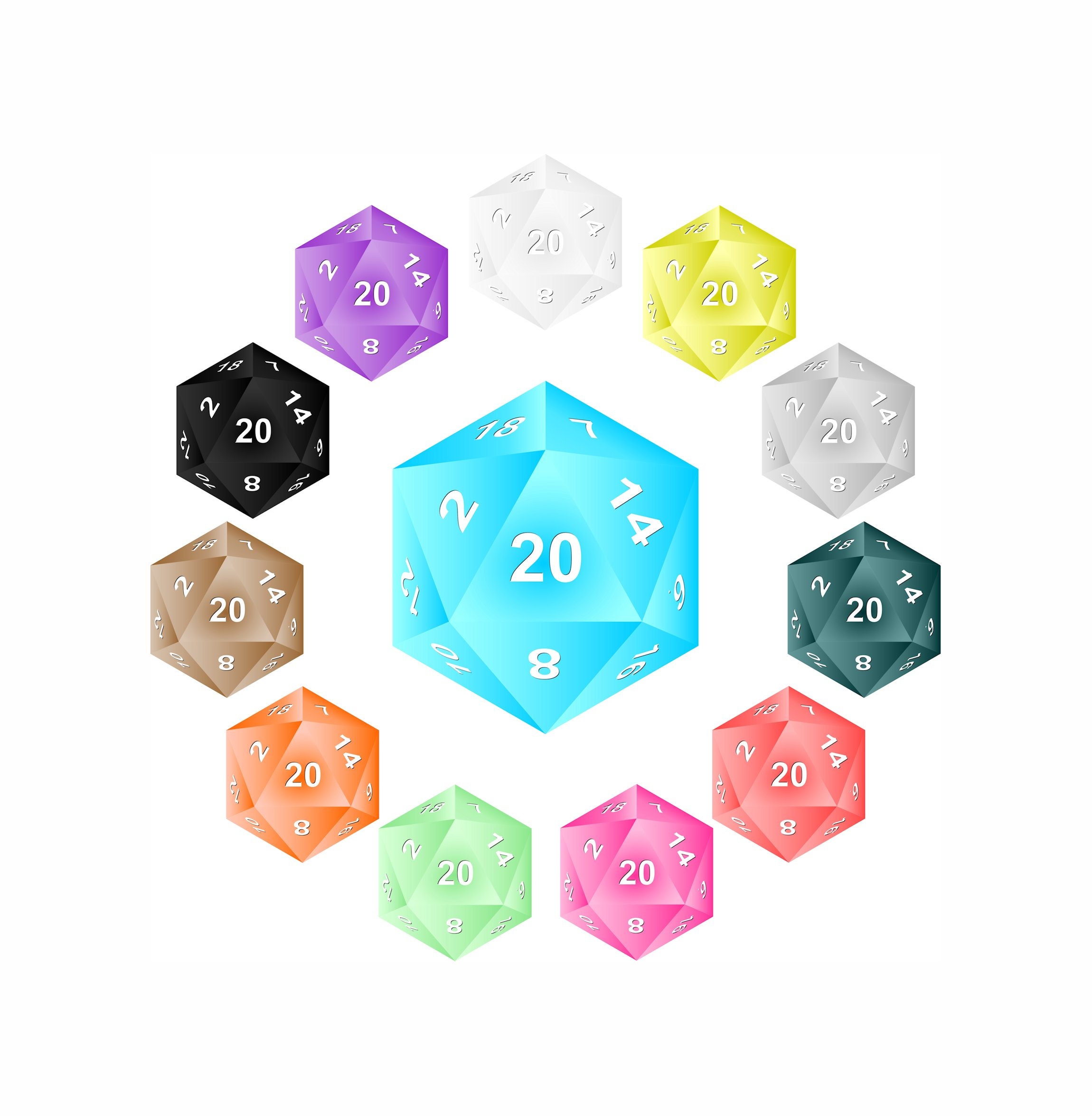 3D Gem Colored Sharp Edged D20 Dice Digital Clip Art Set of 12 ...