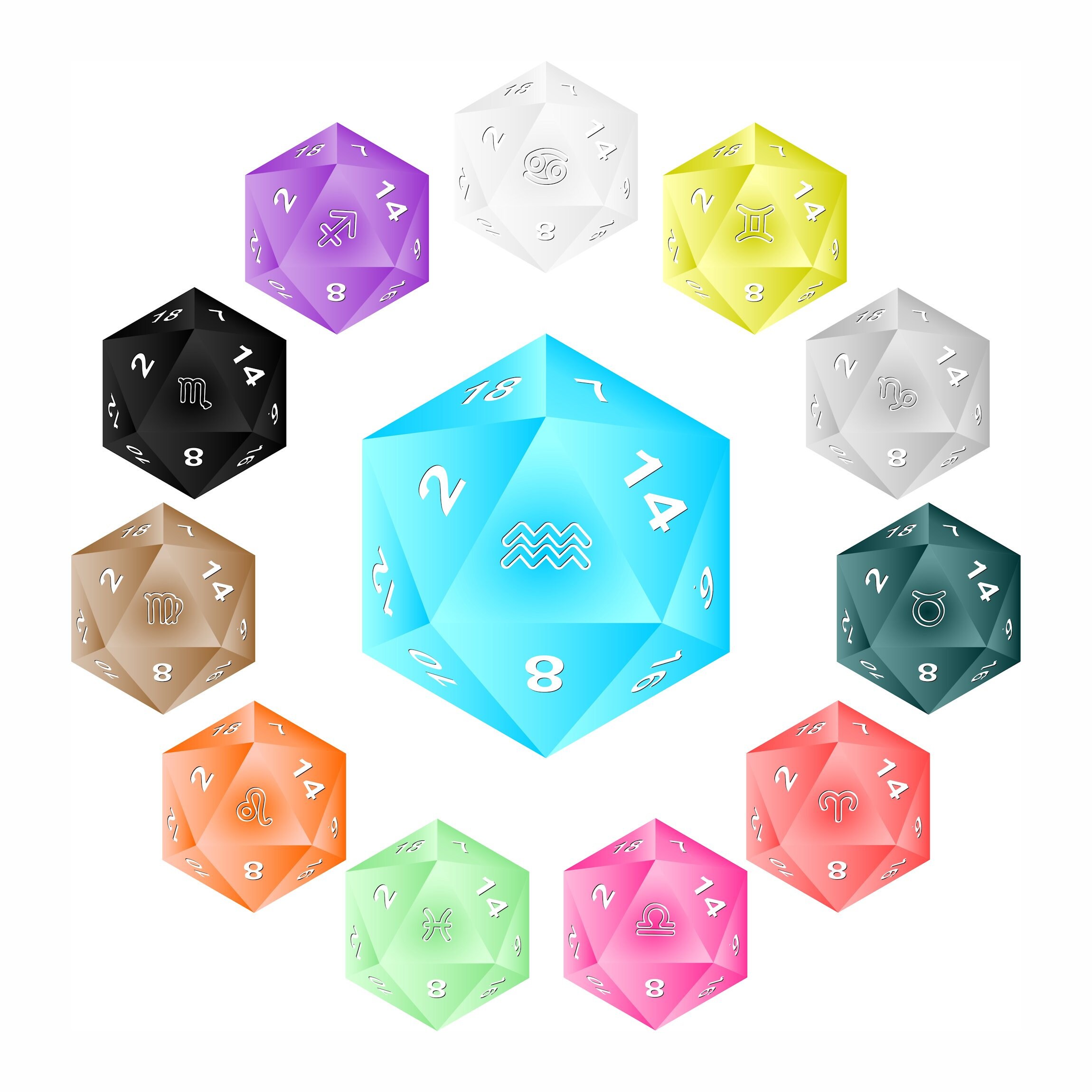 3D Gem Colored Zodiac Symbols Sharp Edged D20 Dice Clip Art Set of 12 ...