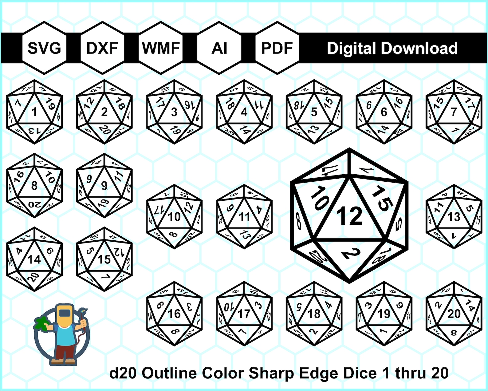 All D20 Faces Vector Bundle, D20 SVG, Polyhedral Sharp Edge Dice SVG ...