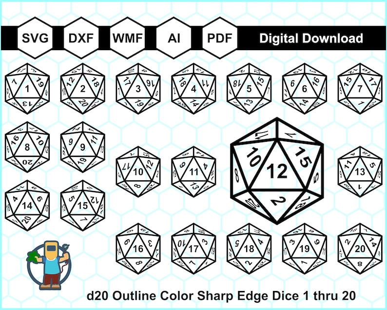 All D20 Faces Vector Bundle, D20 SVG, Polyhedral Sharp Edge Dice SVG ...