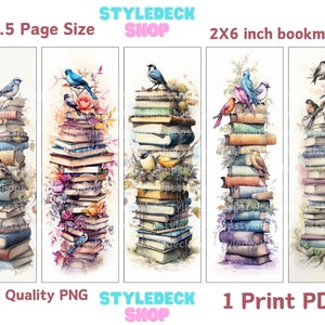 5 Printable Bookmarks Stacked Books Bird Printable Bookmarks - Etsy