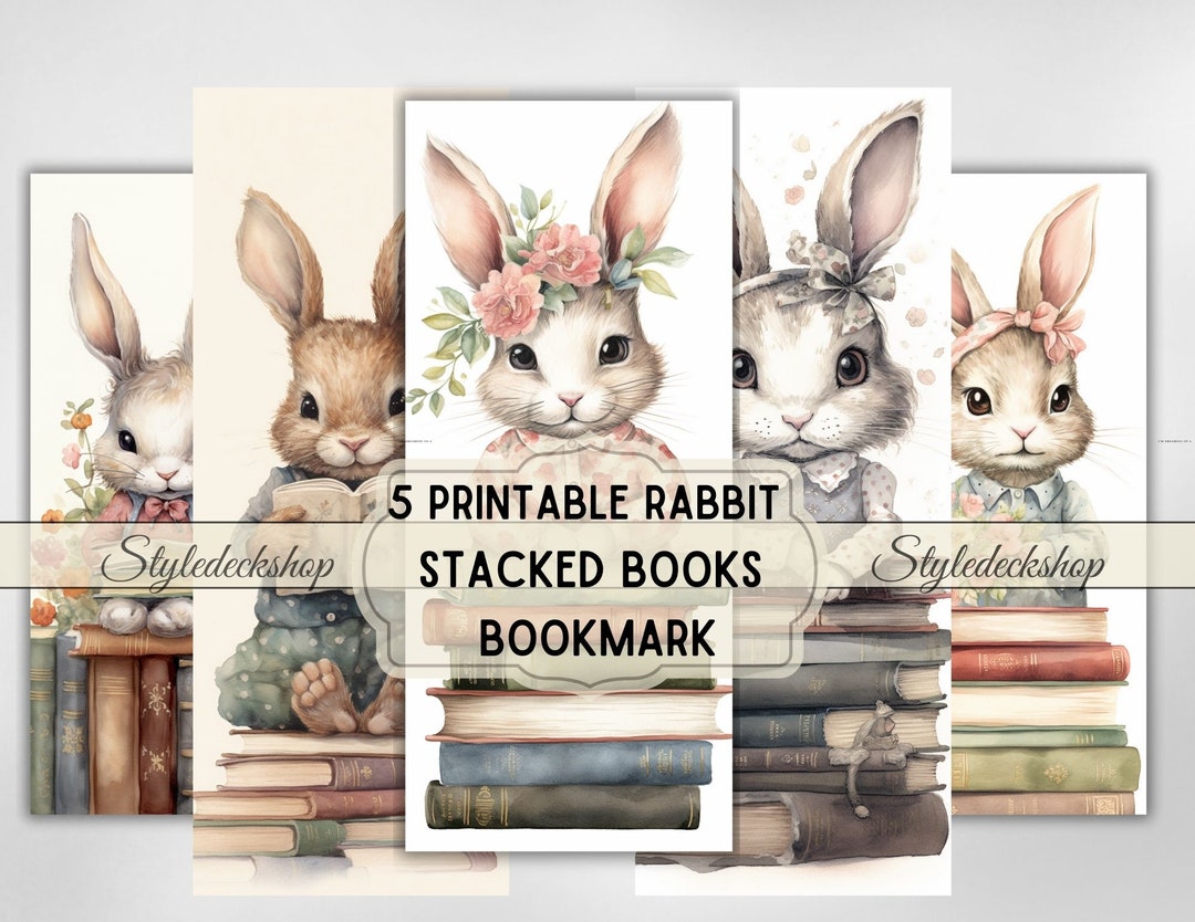 5 Printable Bookmarks RABBIT Stacked Books Printable - Etsy